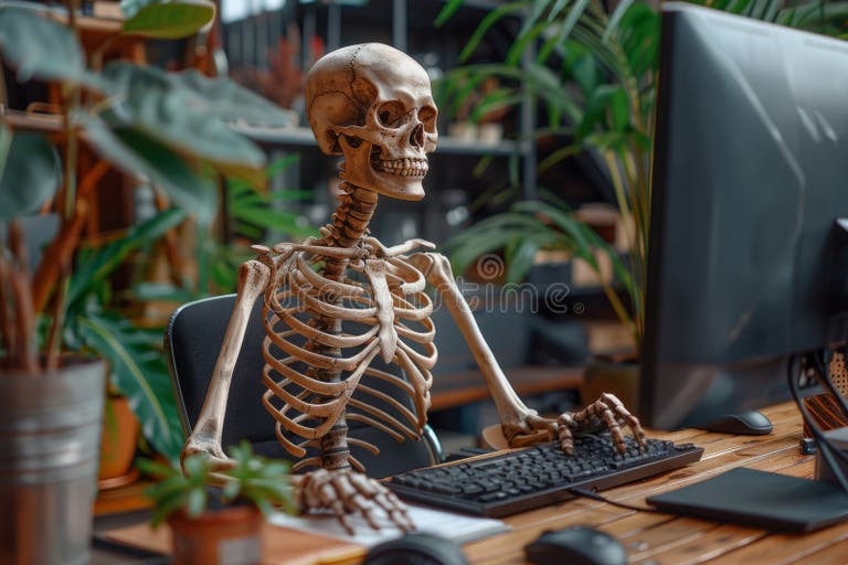 Office Worker Skeleton Workaholic in Office Works on Computer Stock ...