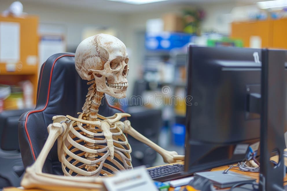 Office Worker Skeleton Workaholic in Office Works on Computer Stock ...