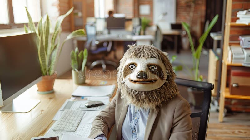 Office Worker in Sloth Mask Having Fun at Desk in Trendy Open Workspace ...