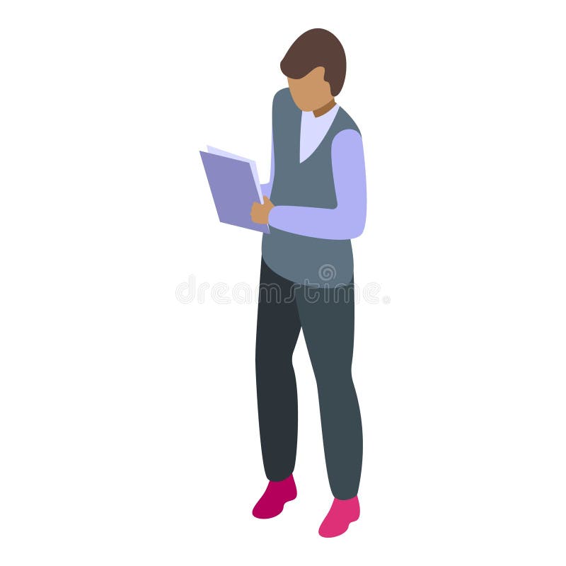 Office Worker Standing and Reading Document Isometric Icon Stock Vector ...