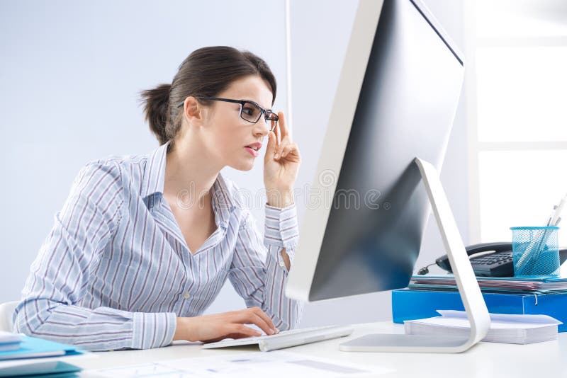 Office Worker Staring at Computer Screen Stock Image - Image of female ...