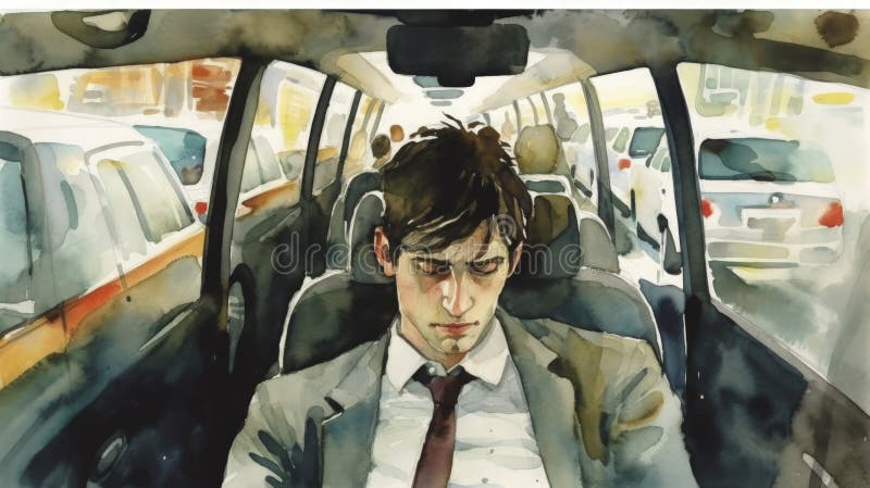 Office Worker Stuck in Traffic: a Watercolor Depiction . Stock ...