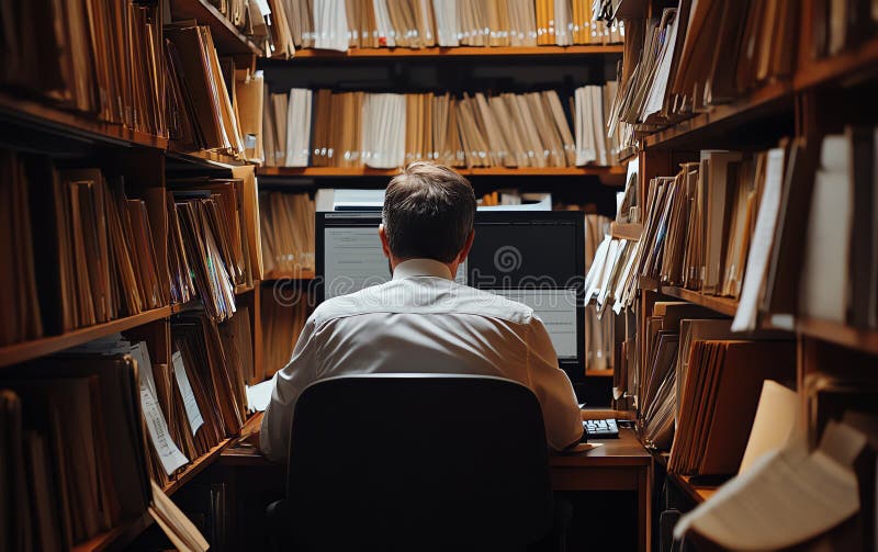Office Worker Surrounded by Files and Documents in an Archive Stock ...