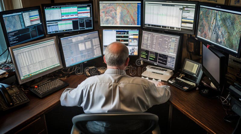 Office Worker Surrounded by Multiple Computer Monitors in a Control ...