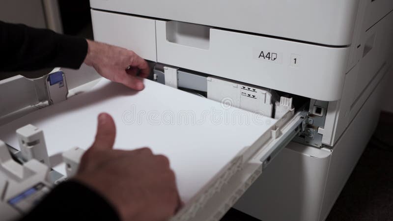 Office Worker Takes Out a Stack of Paper A3 from the Printer Tray Stock ...
