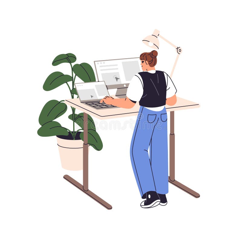 Office Worker Typing on Laptop at the Standing Desk Back View. Employee ...