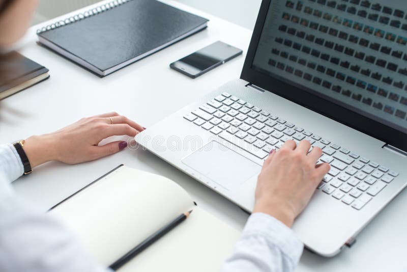Office Worker Typing, Working at Her Workplace, Using Laptop. Stock ...