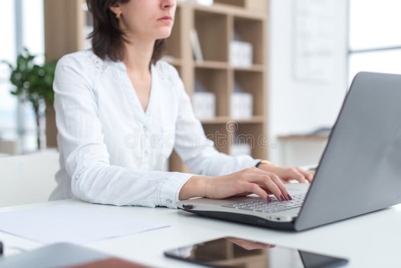 Office Worker Typing, Working at Her Workplace, Using Laptop. Stock ...