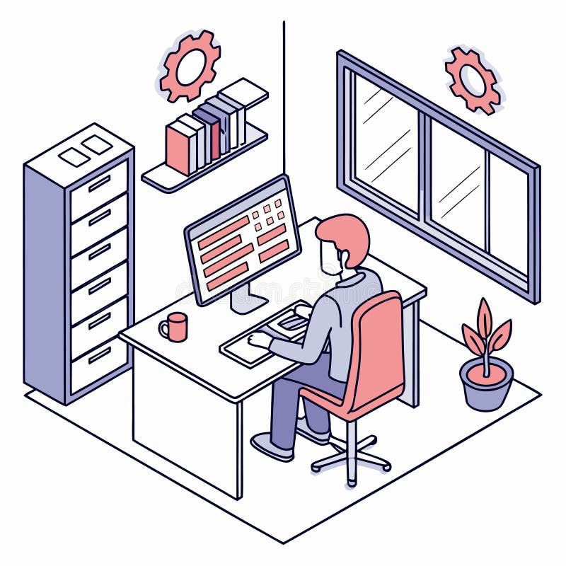 Office Worker Using Computer with Workplace Productivity and Digital ...