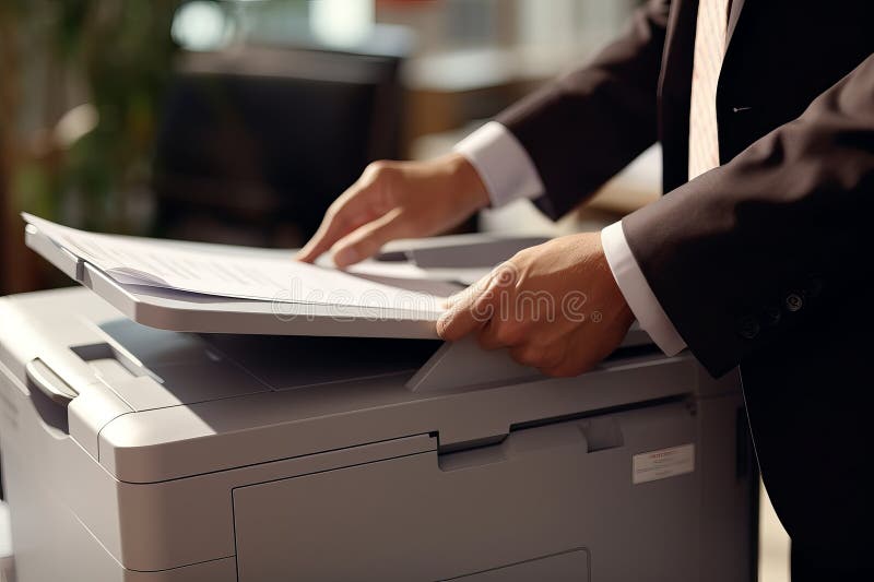 Office Worker Using a Copier Machine To Scan Documents in a Modern ...