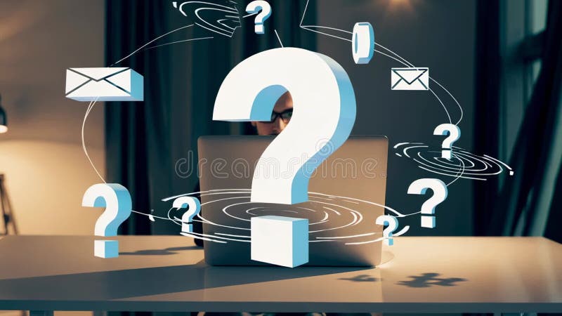 Businessman Working on Laptop and Question Marks Appearing Stock ...
