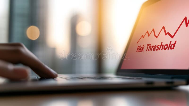 Office Worker Using Laptop Showing Increasing Risk Threshold Graph on ...