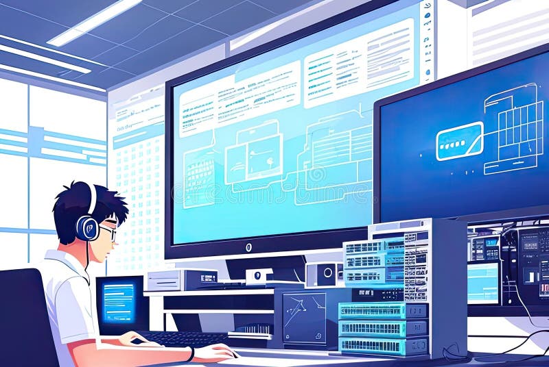 Office Worker Using Laptop for Wireless Communication in Modern ...