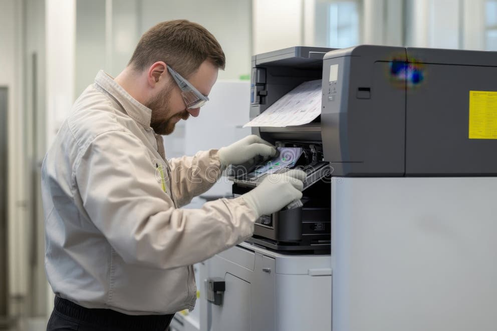 Office Worker Using Photocopy Machine for Document Management in Modern ...