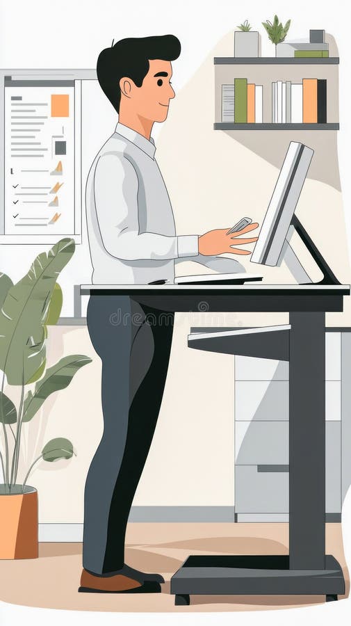 Office Worker Using Standing Desk, Working on Computer Stock Image ...