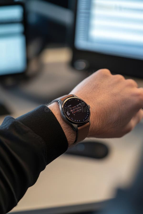 Office Worker Utilizing AI Assistant on Smartwatch for Task Management ...