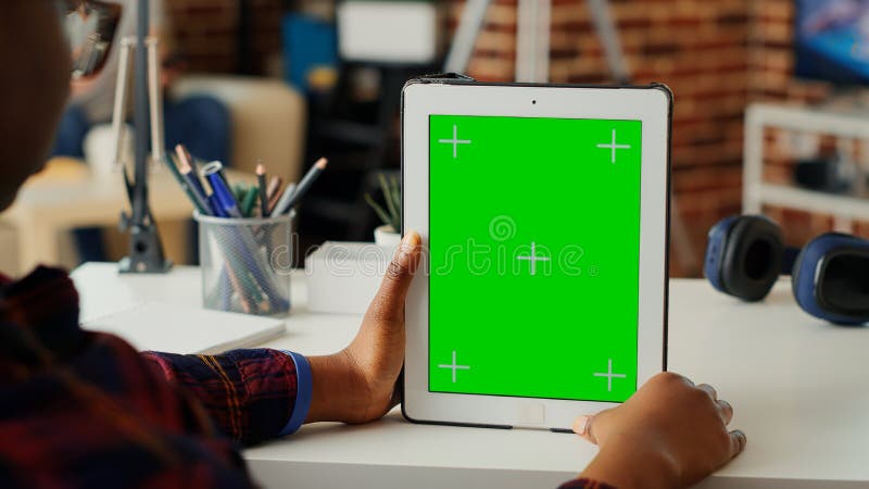 Office Worker Vertically Holding Wireless Gadget with Greenscreen ...