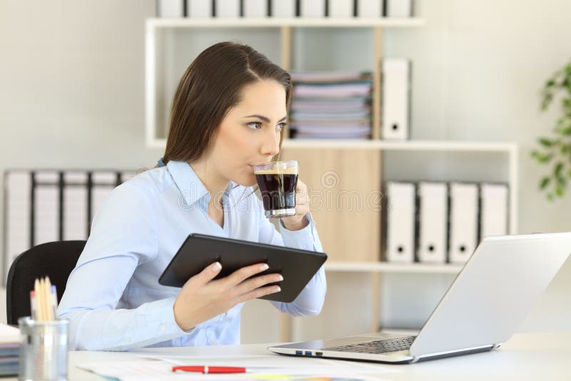Office Worker Working and Drinking Coffee Stock Image - Image of ...