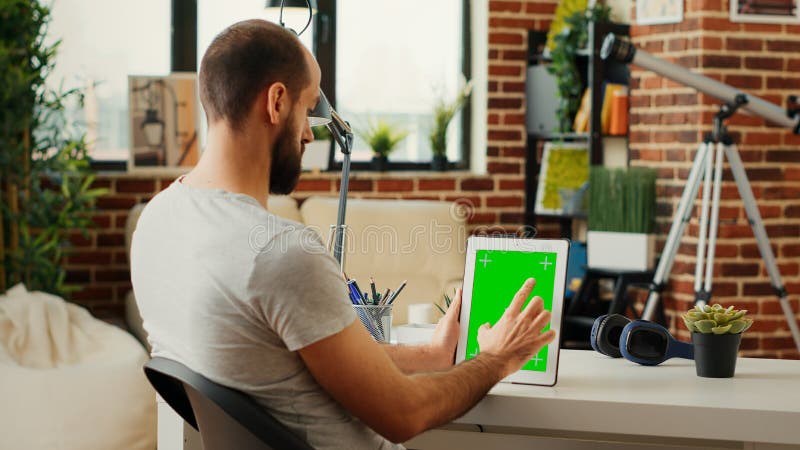 Office Worker Working with Isolated Greenscreen Display on Wireless ...
