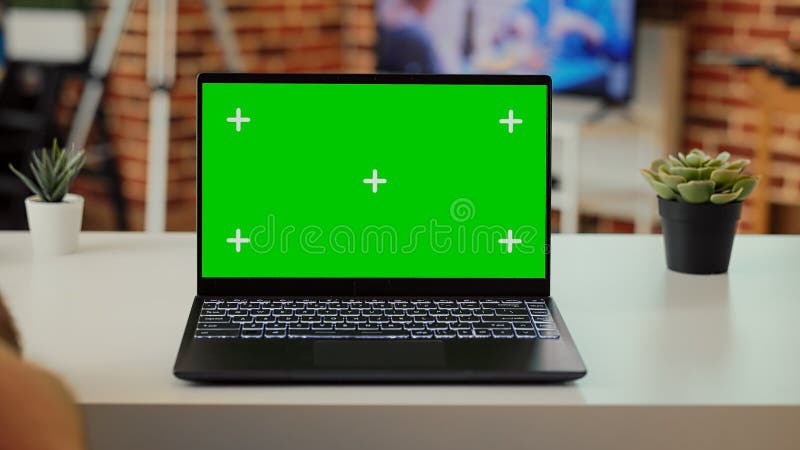 Office Worker Working with Laptop and Greenscreen Template Stock Image ...