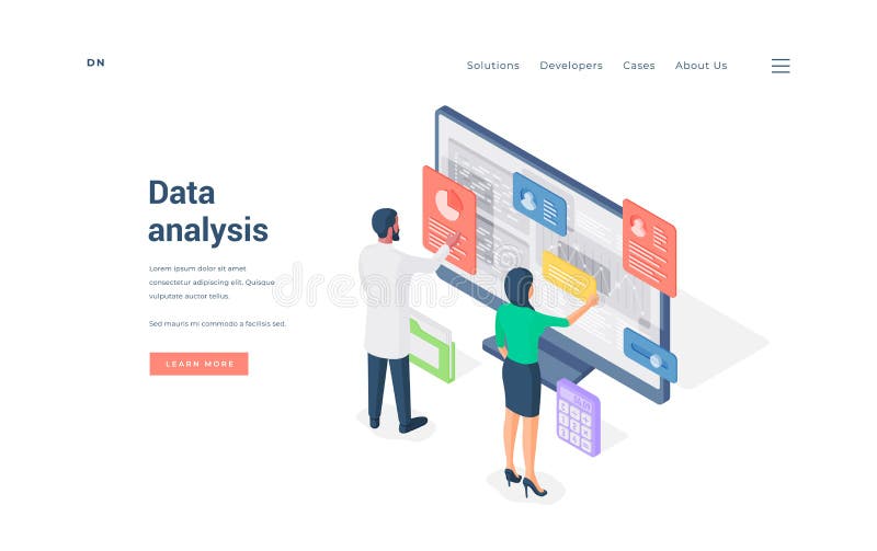 Office Workers Analyzing Data on Computer Isometric Vector Illustration ...