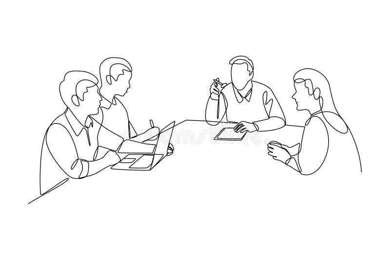 Office Workers at Business Meeting in Continuous Line Drawing ...