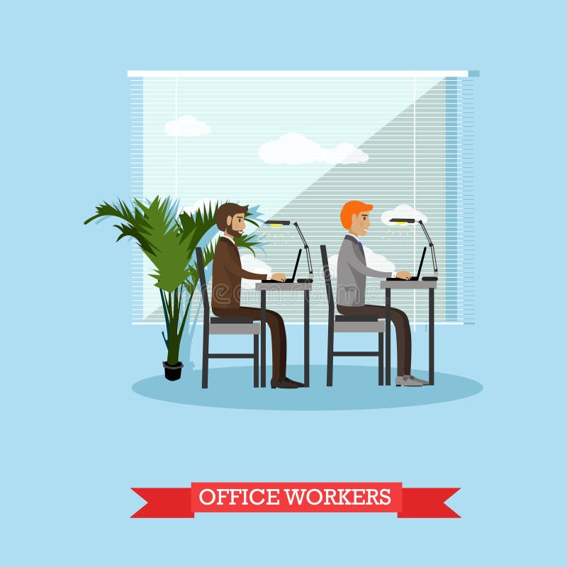 Office Workers and Business People Work with Computers. Vector Banner ...