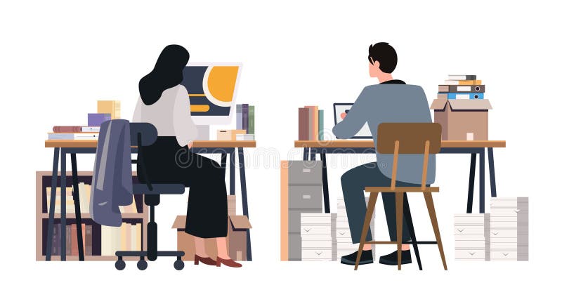 Office Workers at Desks Busy Workspace Books Computers. Illustration ...