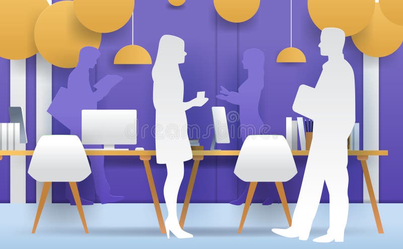 Office Workers Discussing Projects Modern Workspace Silhouette Figures ...