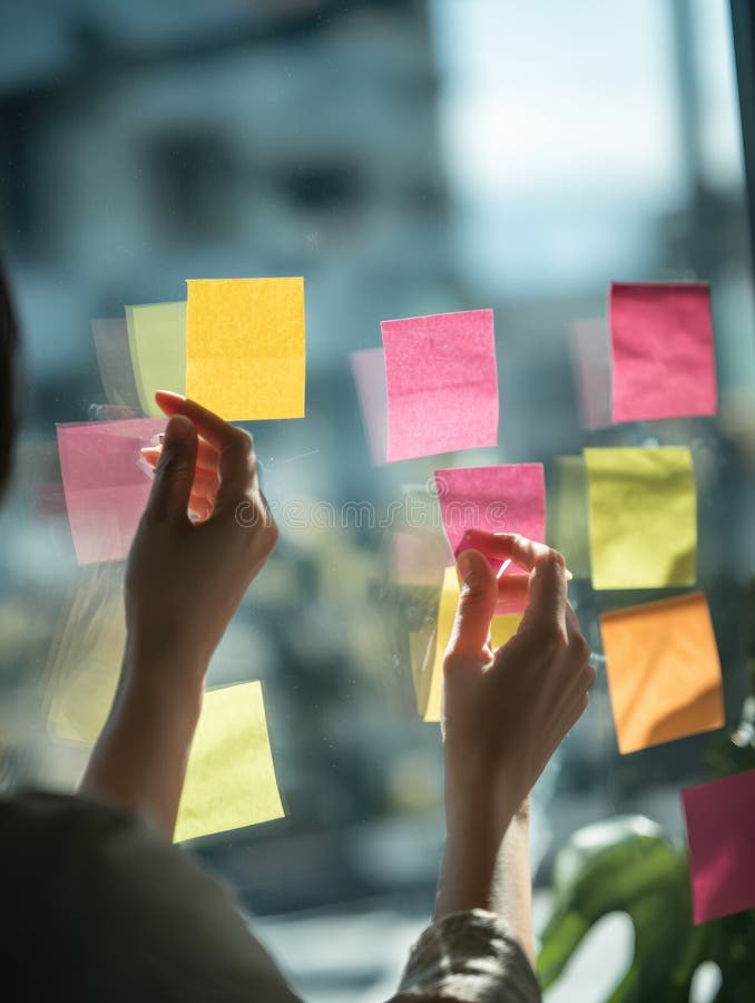 Office Workers Exchanging Sticky Notes through a Divider Window in a ...