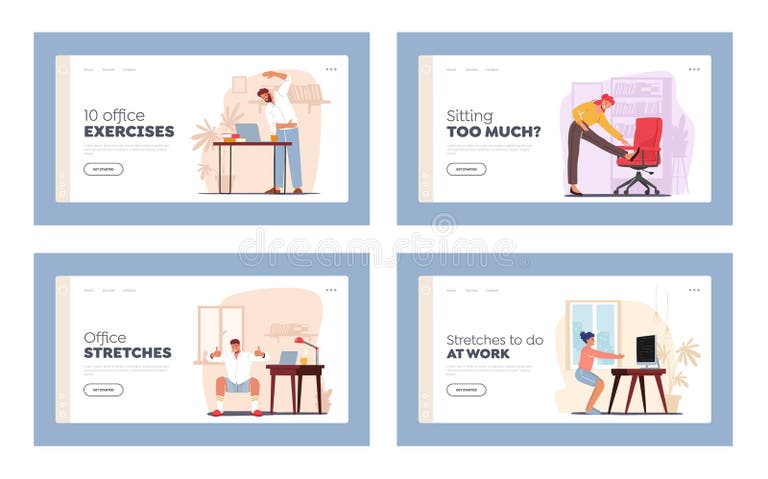 Office Workers Exercising at Workplace Landing Page Template Set ...