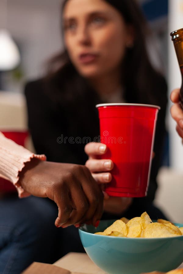 Office Workers Having Fun with Alcoholic Beverage and Chips Stock Image ...