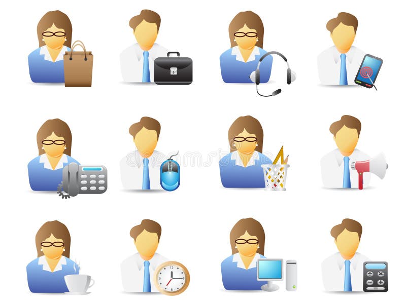 Office Workers with Office Tools Icon Set Stock Vector - Illustration ...