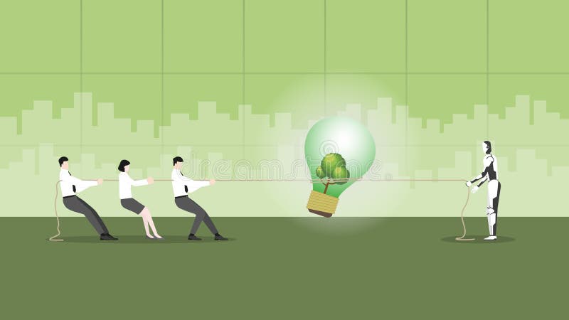 Office Workers Pull Rope for a Tree Big Lightbulb Stock Vector ...