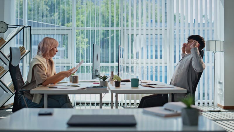 Office Workers Sitting Table Solving Tasks at Panoramic Interior ...