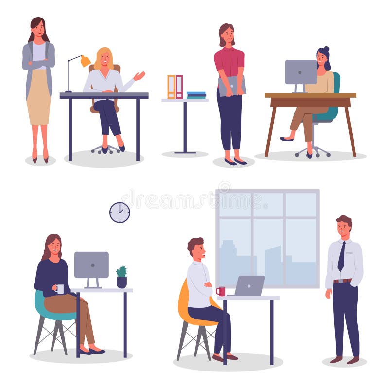 Young Women Working Computers Sitting Desks Stock Illustrations – 6 ...