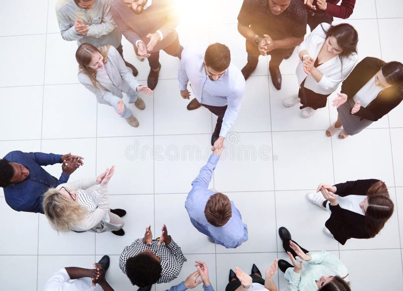 Office Workers Stand and Talk in the Office Lobby.Top View. Stock Image ...