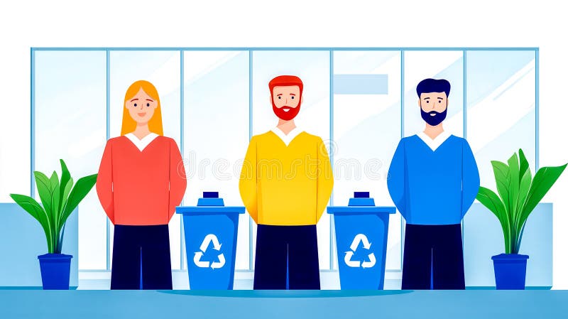 Office Workers Promoting Recycling with Separate Waste Collection Bins ...