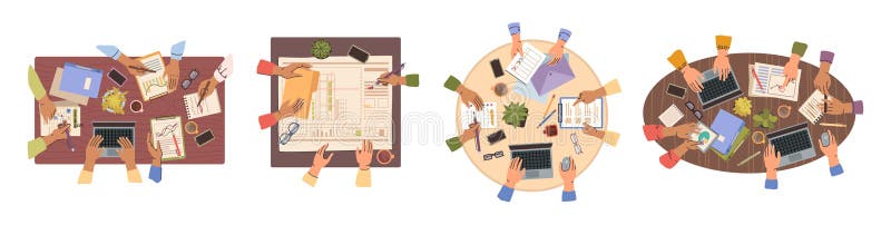Office Workers on Table, Hands Top View Stock Illustration ...