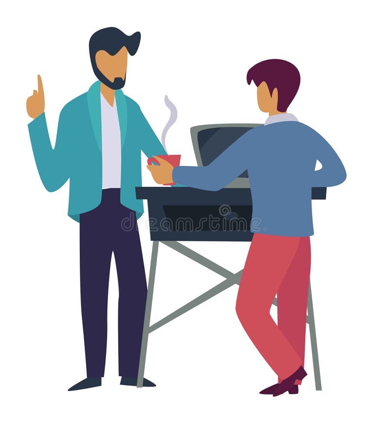 Office Workers Talk at Table with Laptop Coffee Break Stock Vector ...