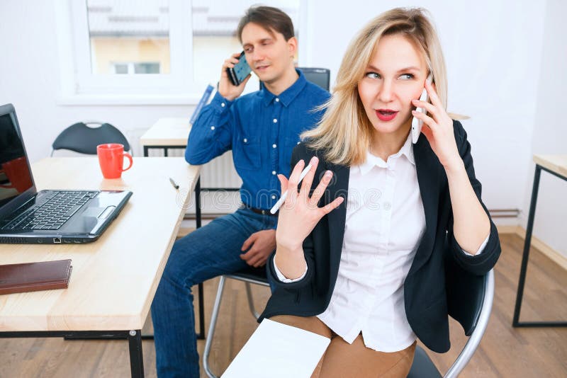 Office Workers Talking by Phone during Them Work Stock Photo - Image of ...