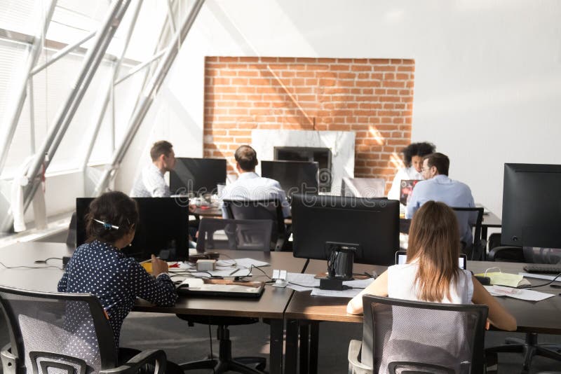 Office Workers Using Computers Working at Modern Big Open Space Stock ...
