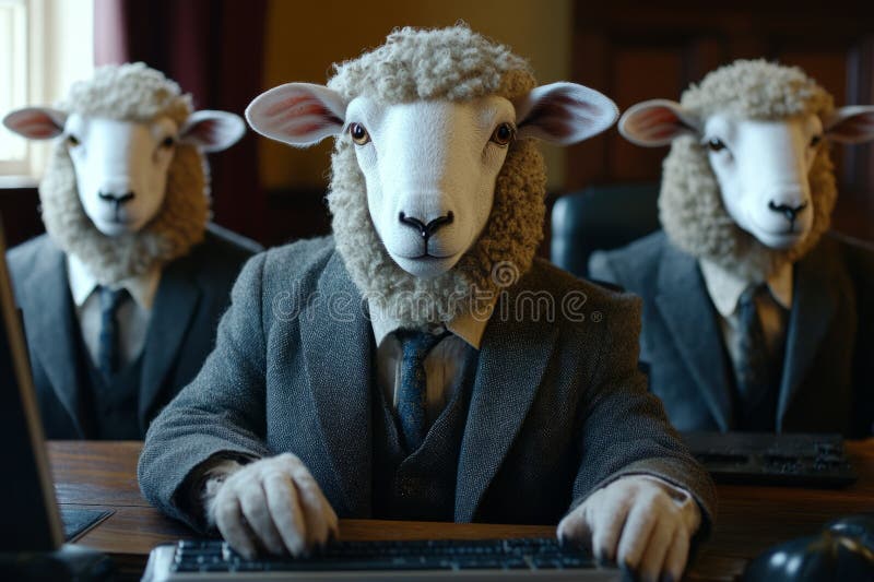 Office Workers Wearing Sheep Masks Typing on Computers, Embodying the ...