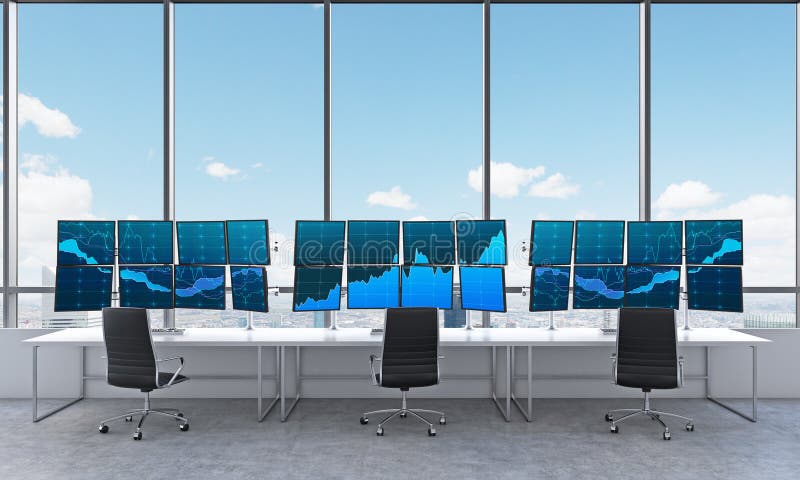 Office with 24 Working Monitors, Processing Data, Trading, New Y Stock ...