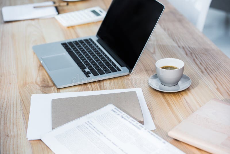 Office Workplace with Coffee and Laptop Computer Stock Image - Image of ...