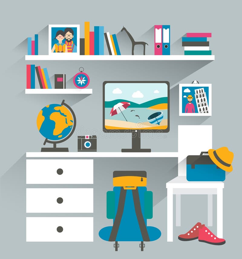 Office Workplace With Computer And Book Shelves Traveller Office Stock