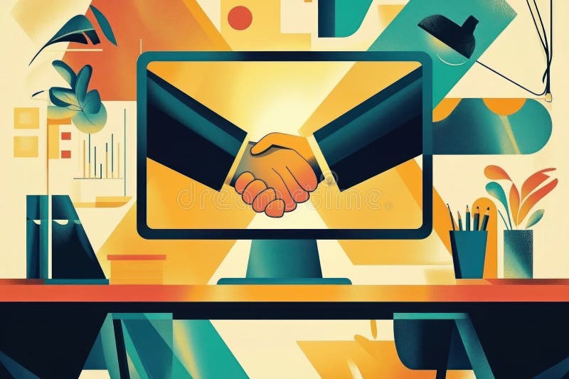 An Office Workplace. Computer and Hand. Abstract Geometric Illustration ...