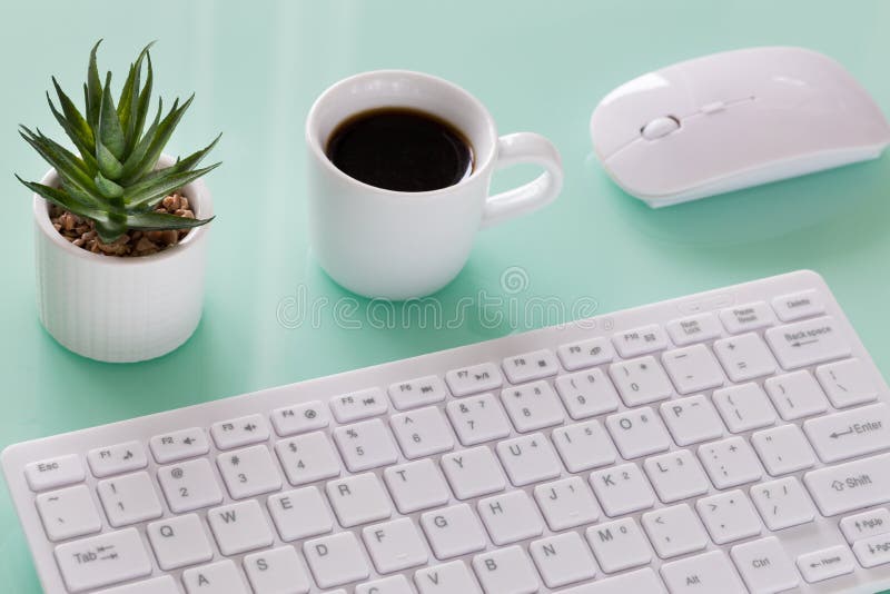 Office Workplace, Computer Keyboard with Coffee Cup, Evenly Arranged ...