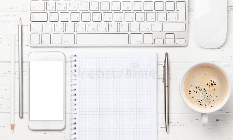 Office Workplace with Computer, Notepad and Smartphone Stock Photo ...