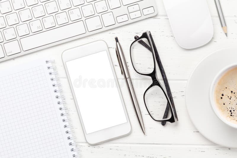 Office Workplace with Computer, Notepad and Smartphone Stock Image ...